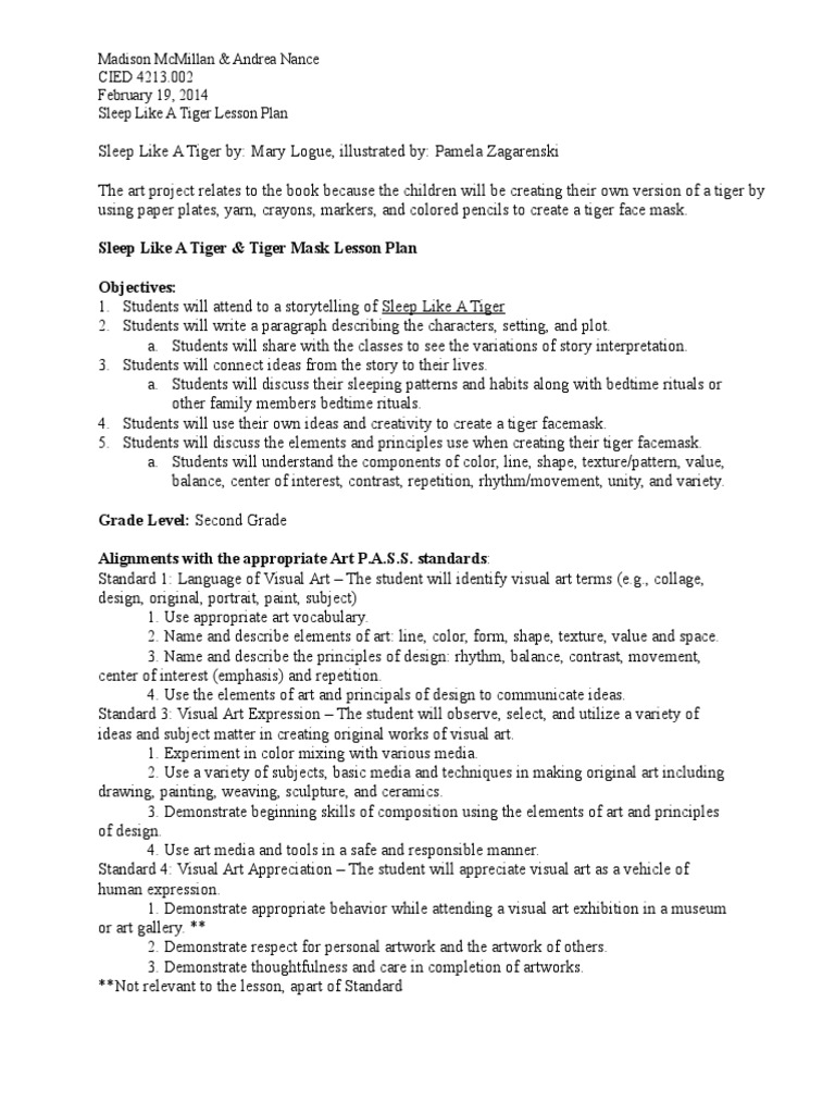 Sleep Like A Tiger & Tiger Mask Lesson Plan Objectives | PDF | Color ...