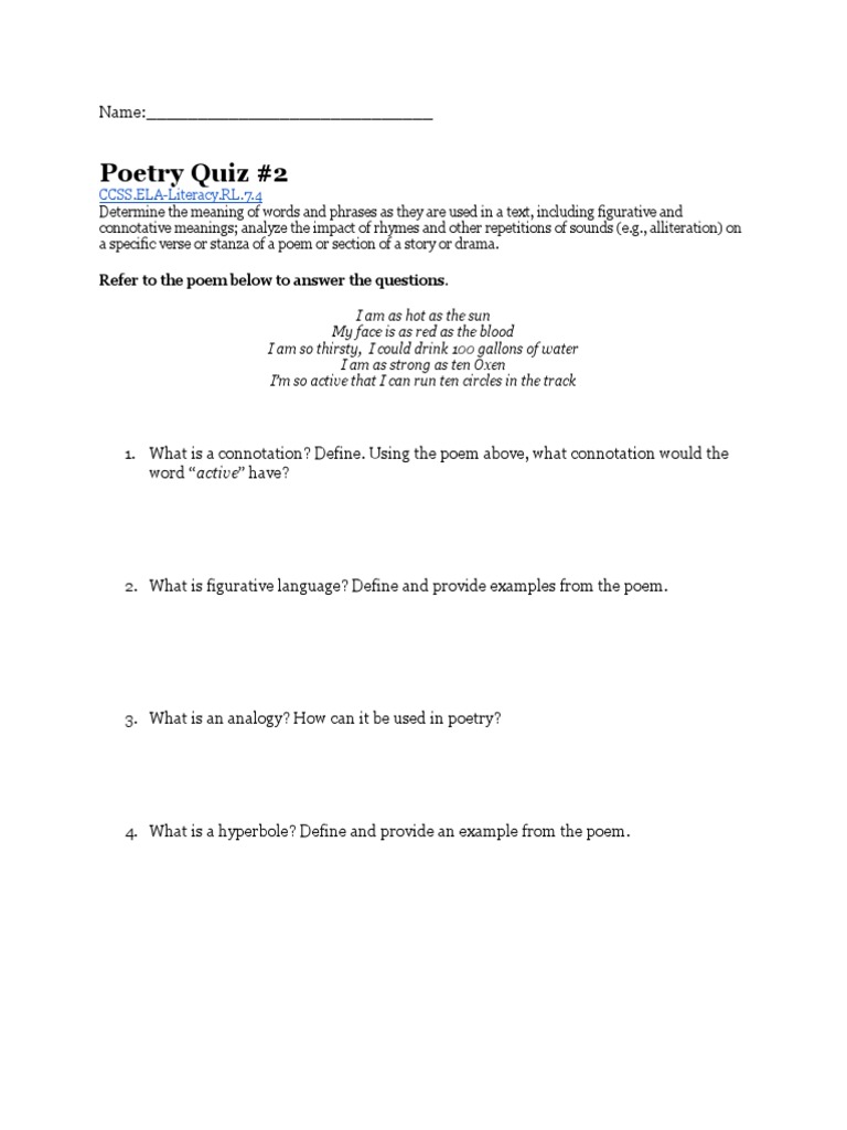 Poetry Quiz: Figurative Language & Analysis | PDF | General Fiction