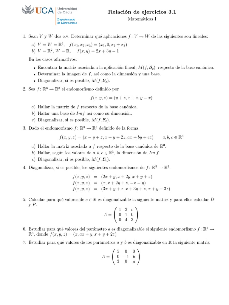 Ejercicios Aplicaciones Lineales | PDF | Álgebra lineal | Relaciones matematicas