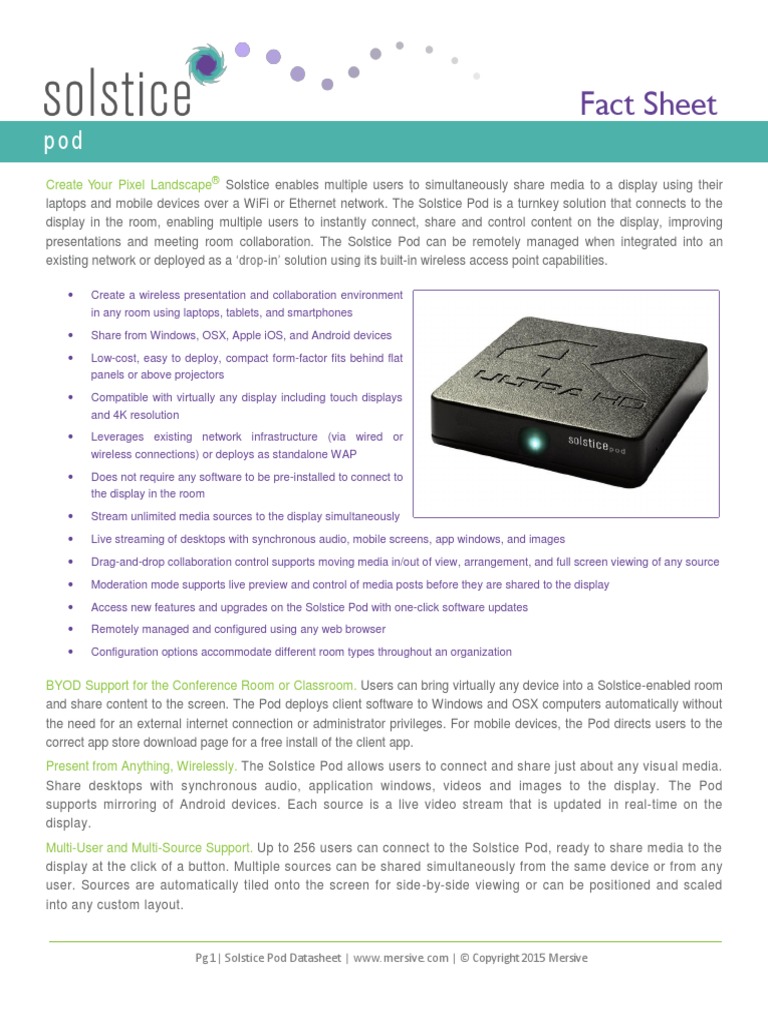 Solstice Pod Fact Sheet 3-16-15 | PDF | Wireless Access Point ...