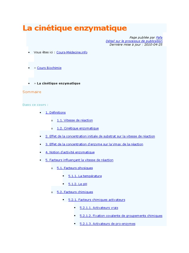 La Cinétique Enzymatique | PDF | Inhibiteur enzymatique | Cinétique enzymatique