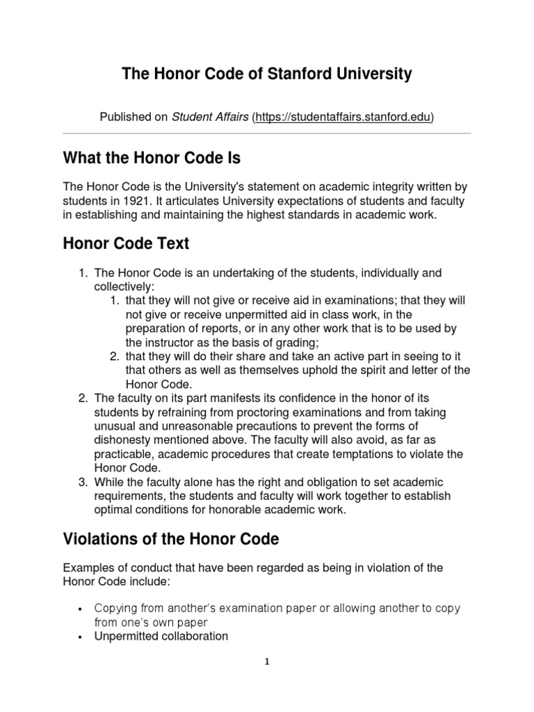 Honor Code - Stanford | PDF | Plagiarism | Academia