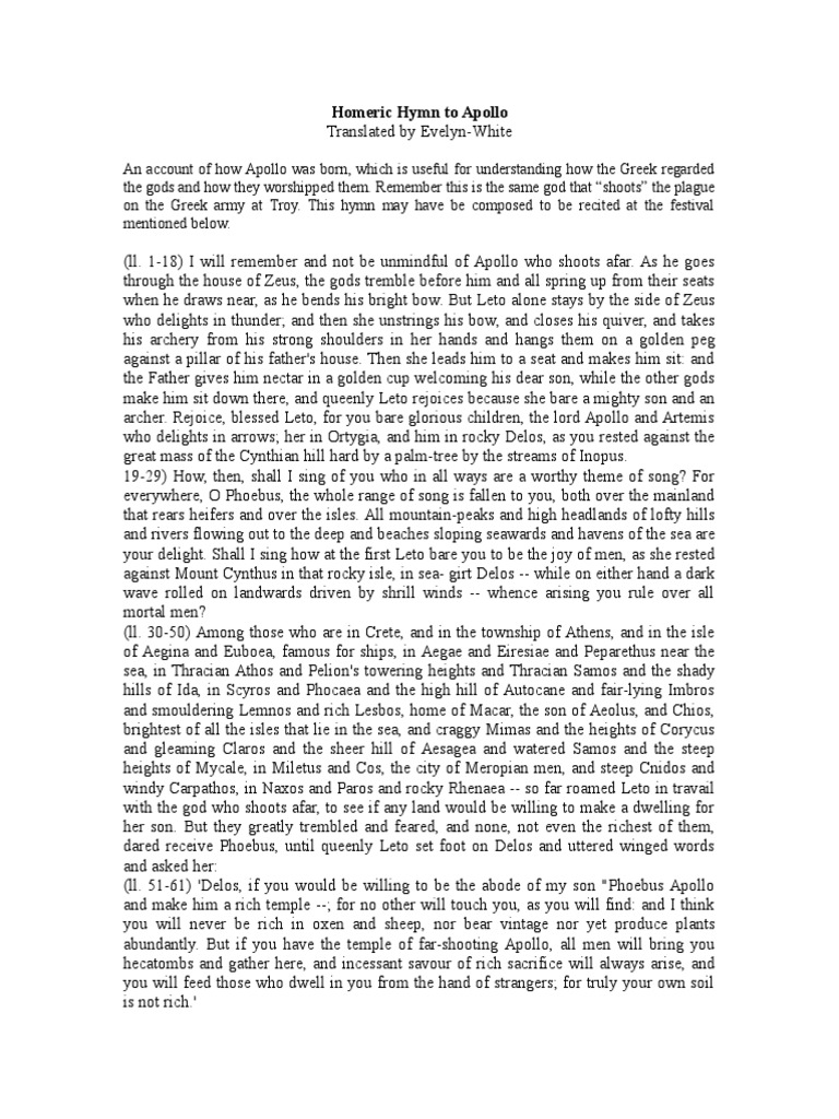 Homeric Hymn To Apollo | PDF | Apollo | Greek Mythology