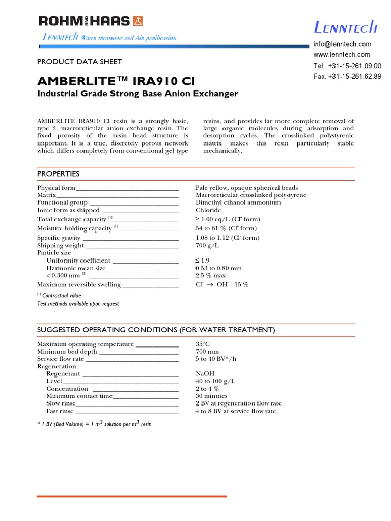 Amberlite IRA 910 CL L | PDF | Chloride | Ion Exchange
