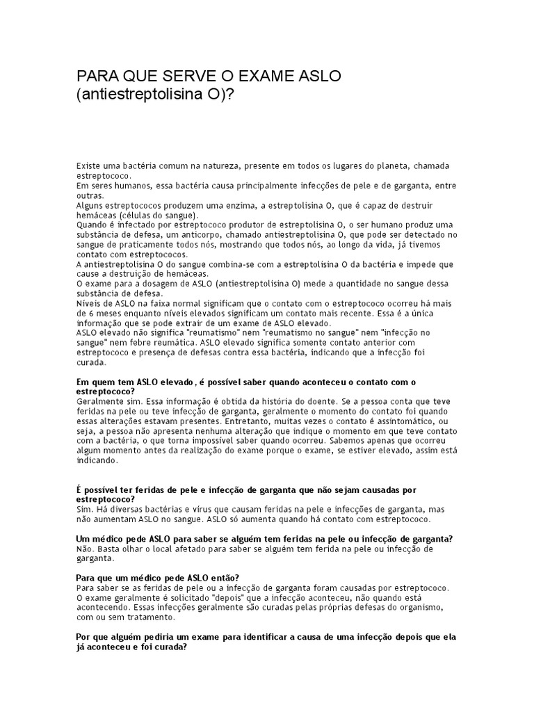 Função do Exame ASLO e Interpretação | PDF | Artrite | Febre