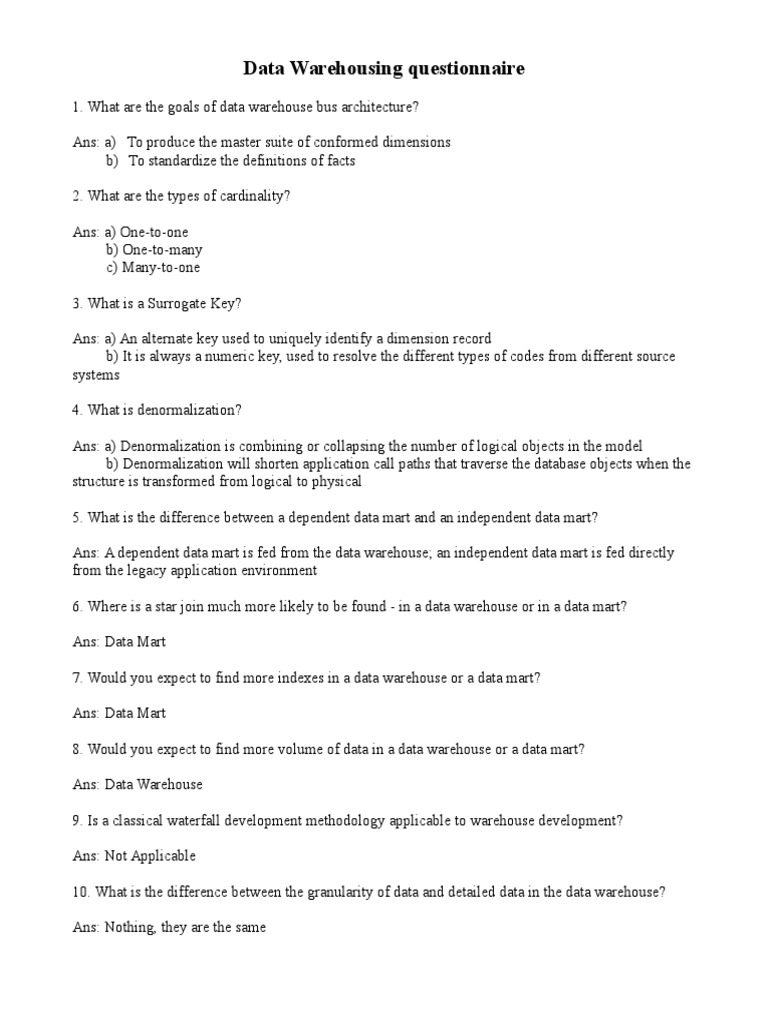 Data Warehousing Questionnaire | PDF | Data Warehouse | Sql