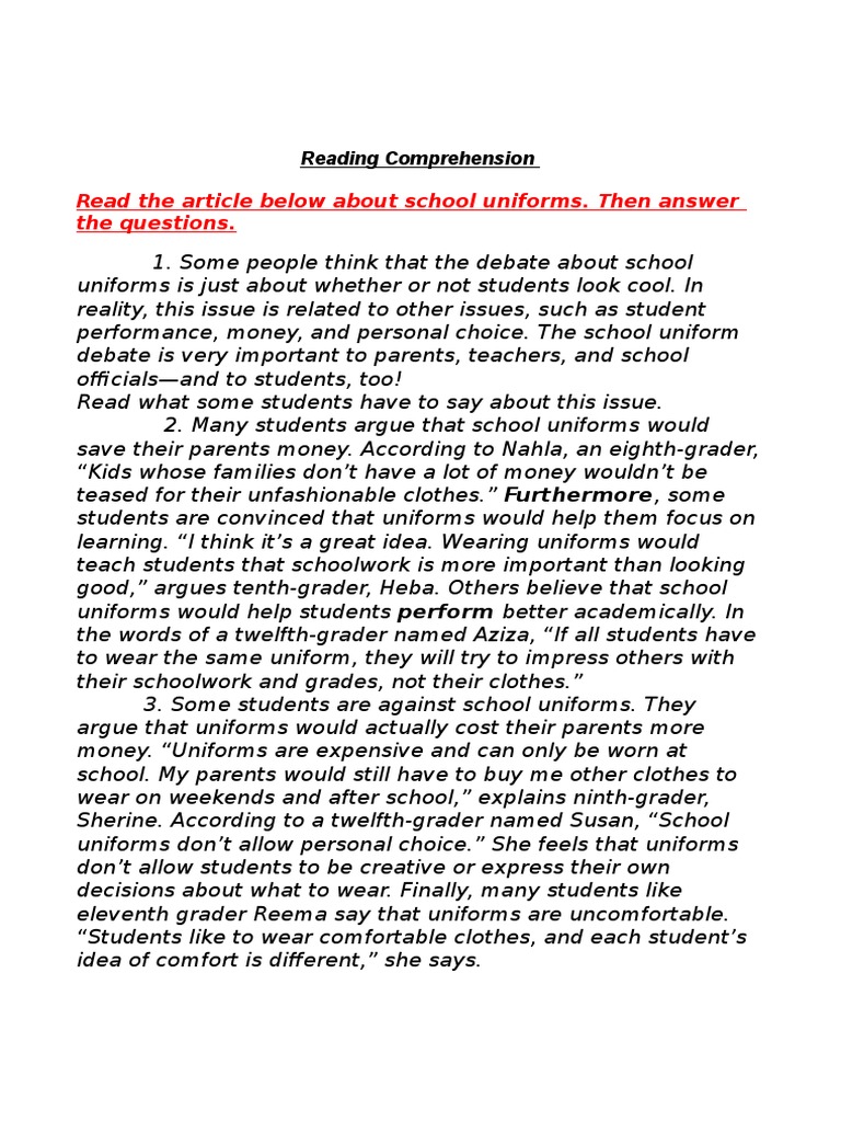 Reading Comprehension Uniforms | PDF | Behavior Modification | Schools