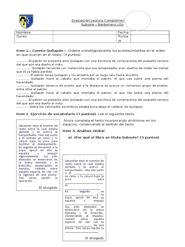 Evaluación Lectura Complementaria Subsole | PDF