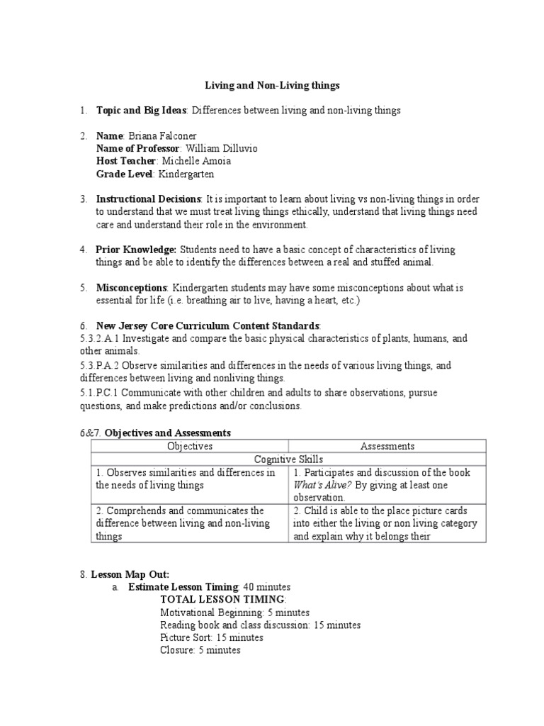 Living Vs Non-Living Things Lesson | PDF | Educational Assessment ...