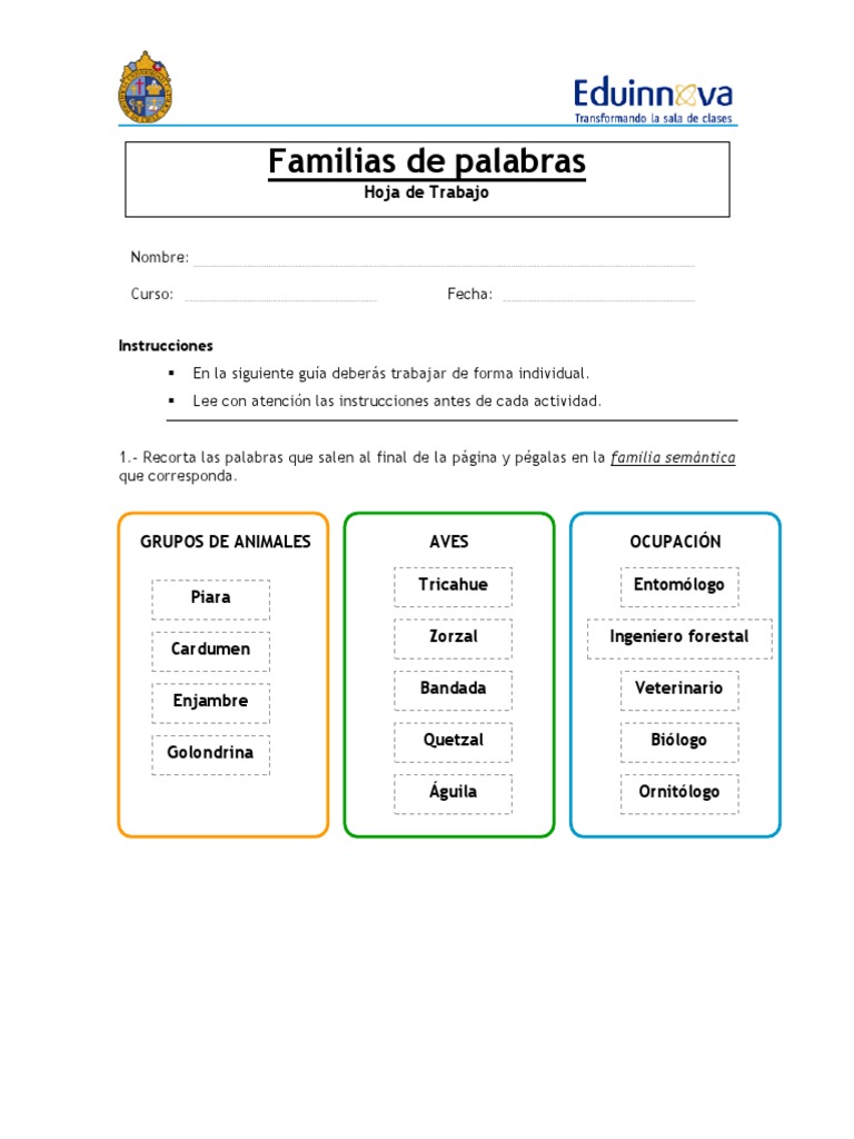 Hoja De Trabajo Breve Sobre Familias De Palabras Profejames_