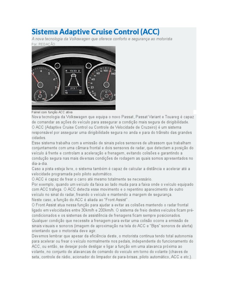 Sistema ACC da Volkswagen: Segurança e Conforto | PDF | Radar | Freio