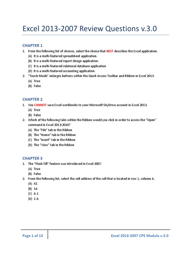 Excel Review Questions v.2013-2007 | PDF | Microsoft Excel | Data Model