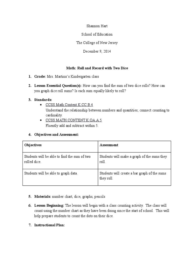 Kindergarten Dice Roll Math Lesson | PDF | Dice | Applied Psychology