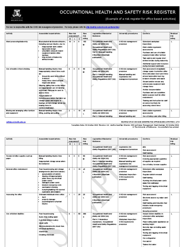 Risk Register - OHS - Examples For The Office | PDF | Occupational ...