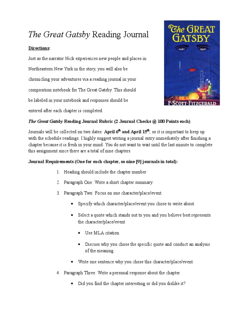 The Great Gatsby Reading Journal Guide | PDF | General Fiction