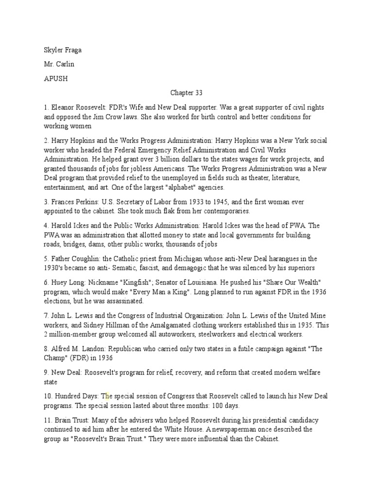 APUSH Chapter 33 Term Sheet | PDF | New Deal | Public Works Administration