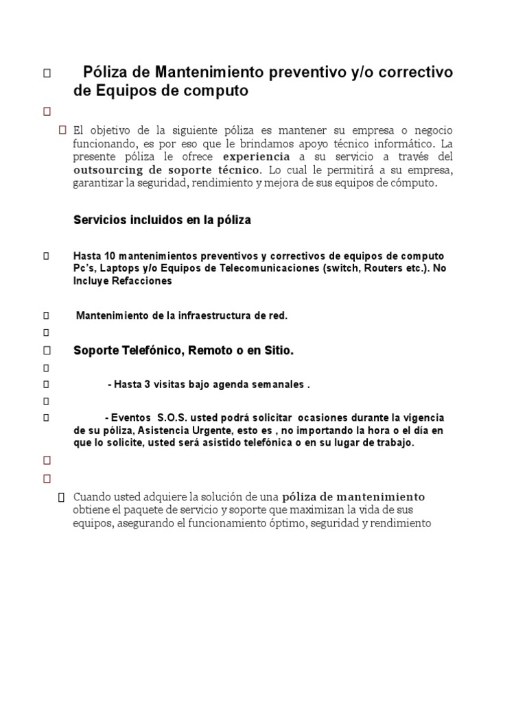 Póliza de Mantenimiento Preventivo y | PDF