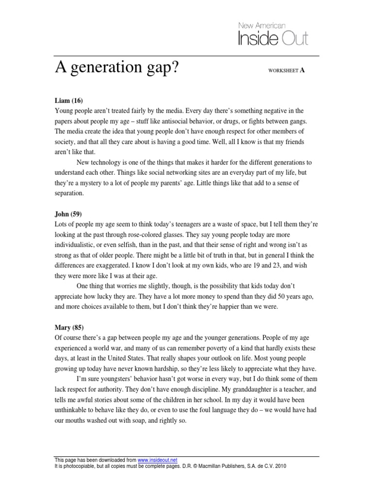 Generation Gap - Worksheet | PDF | Noun | Adjective
