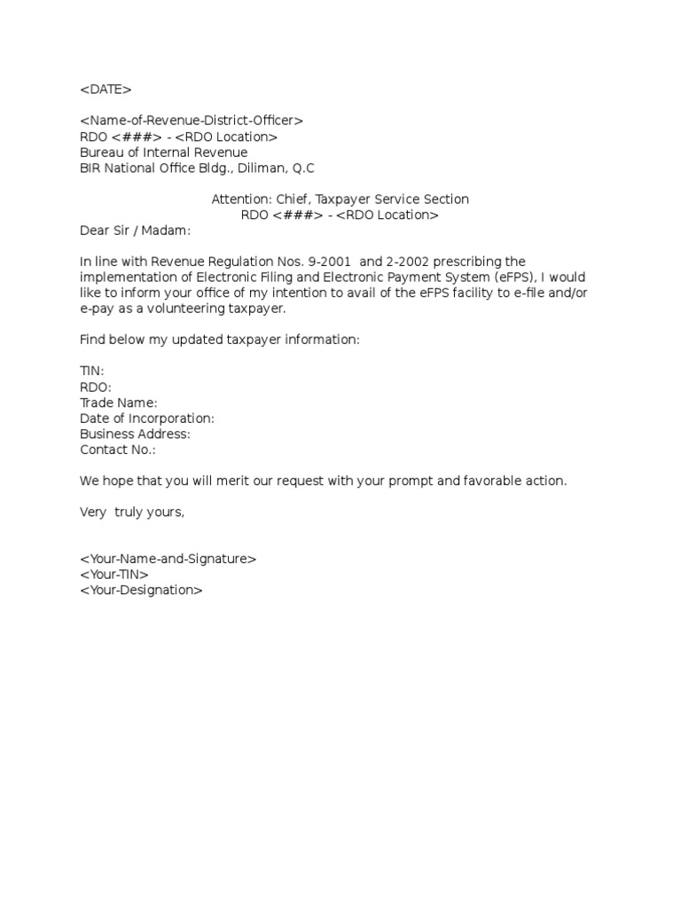 BIR Sample Letter of Intent For Efps (Individual) | PDF | Social ...