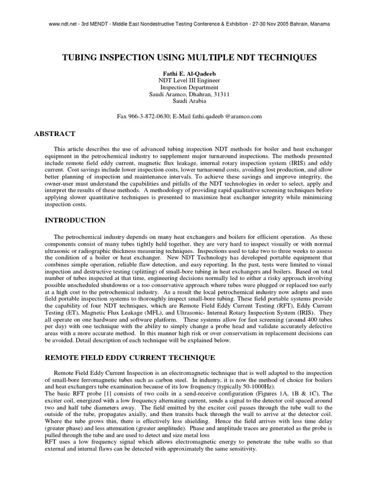 Tubing Inspection Using Multiple NDT Techniques | PDF | Inductor ...