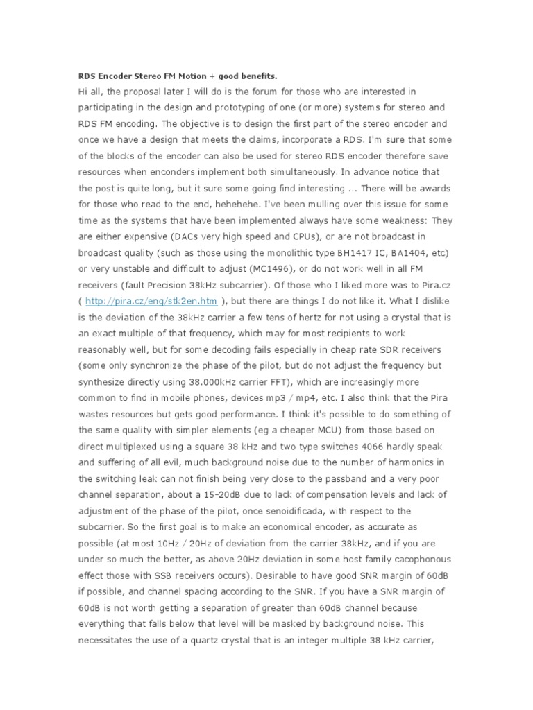 RDS Encoder Stereo FM Motion | PDF | Modulation | Digital To Analog ...