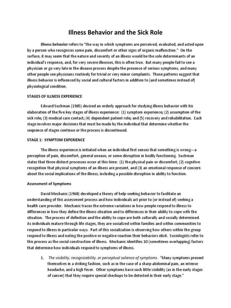 Illness Behavior and The Sick Role | PDF | Deviance (Sociology) | Pain