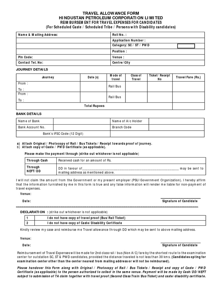 Travel Reimbursement Form PDF | PDF | Finance & Money Management