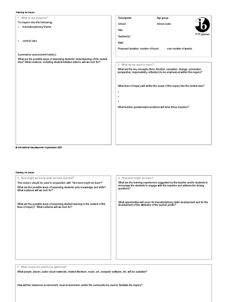 PYP Unit Planner Sample | PDF | Inquiry | Learning