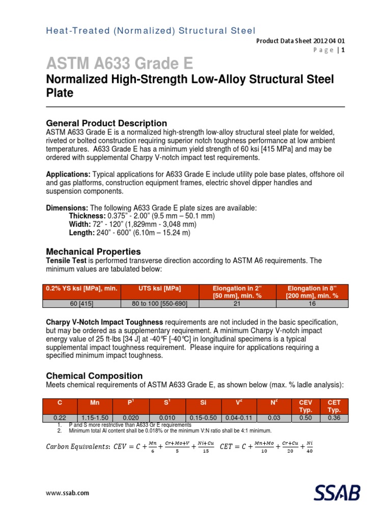 ASTM A633 GR E Data Sheet 2012 04 01 | PDF | Structural Steel | Welding