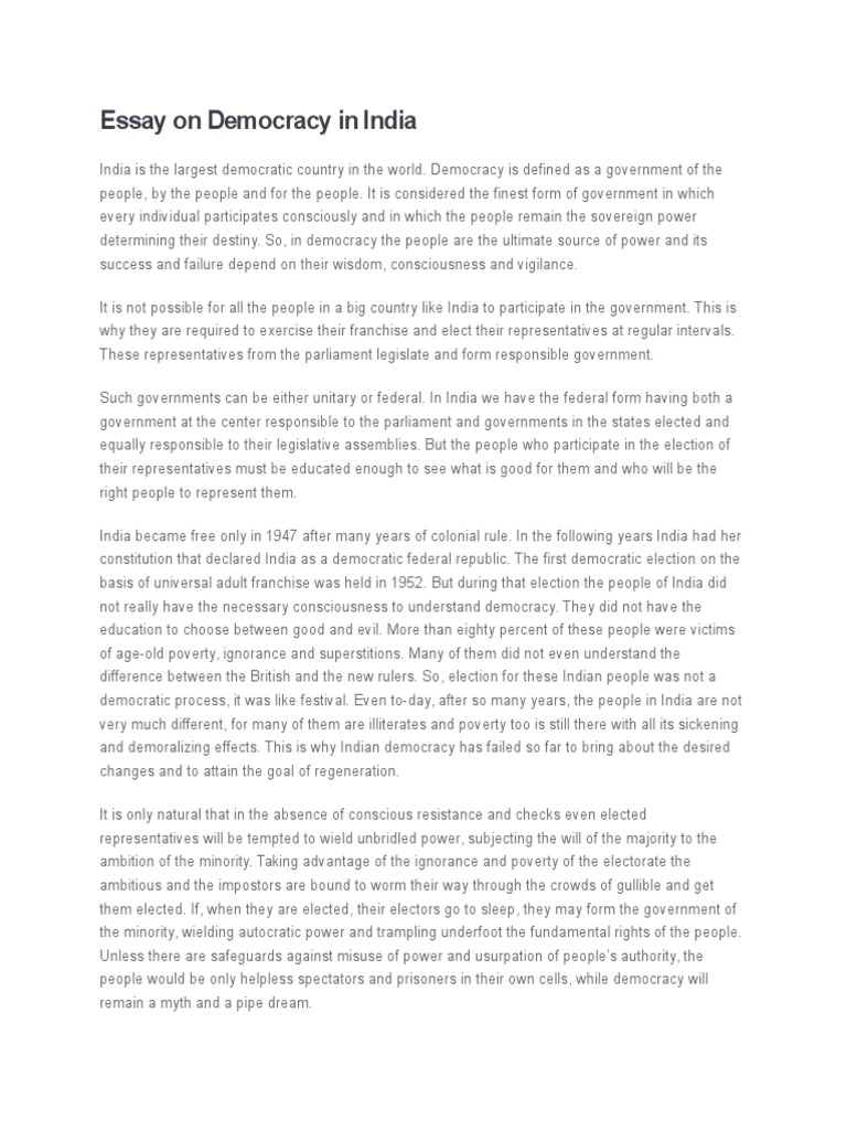 Essay On Democracy in India | PDF | Democracy | Political Ideologies