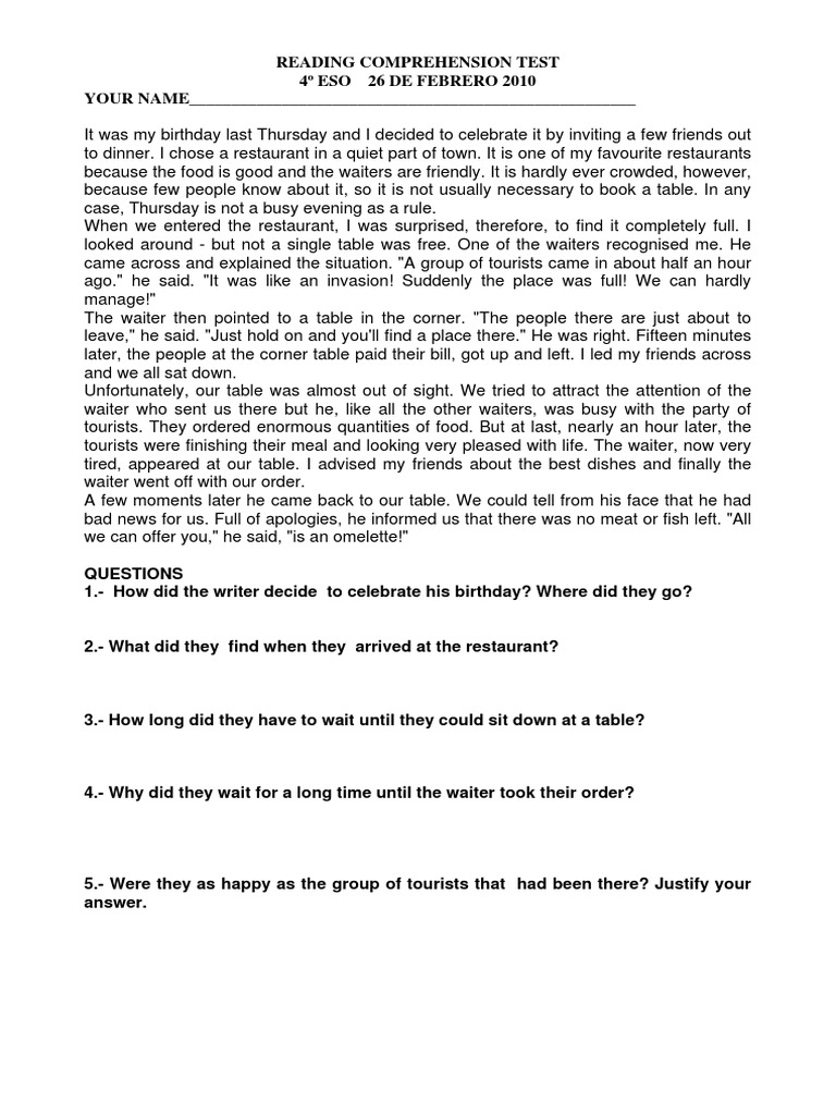 Reading and Comprehension | PDF | Waiting Staff | Restaurants