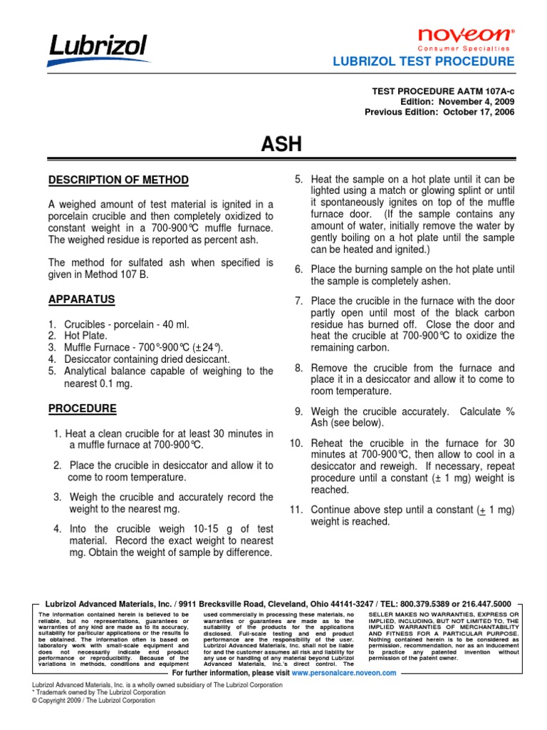 Lubrizol Ash Test | PDF | Chemistry | Nature