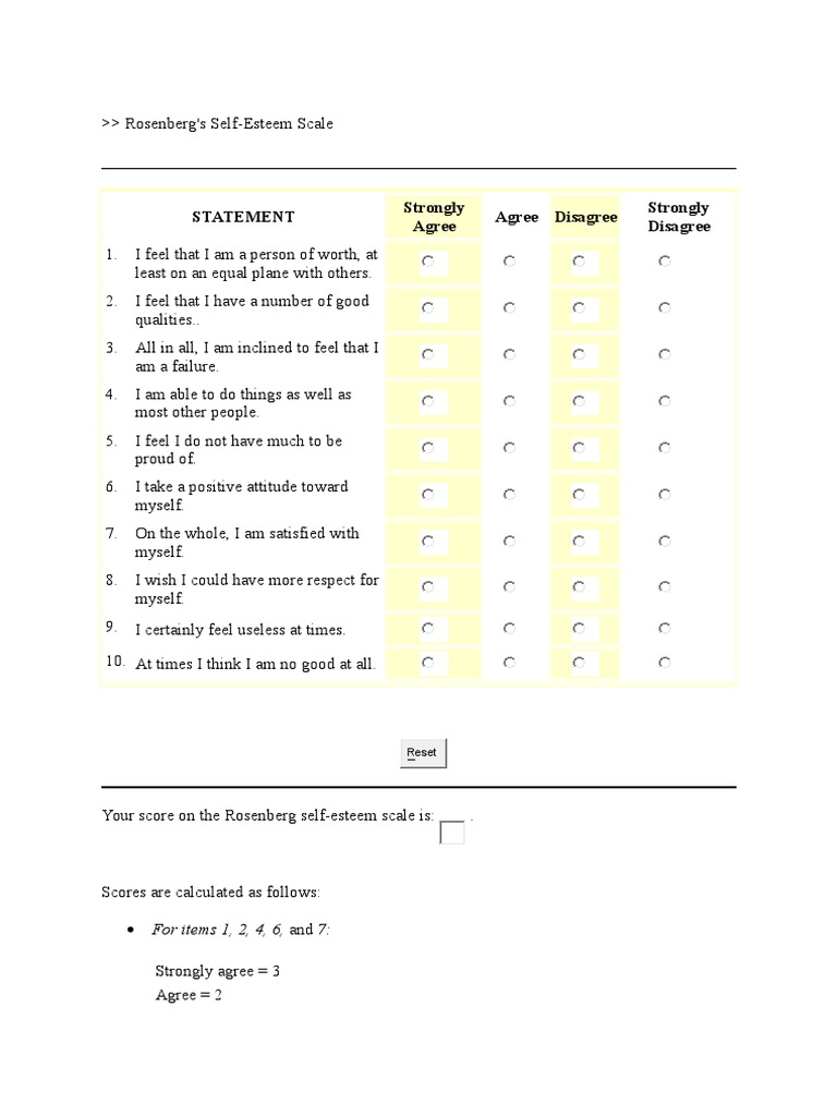 Rosenberg Self Esteem Test | PDF