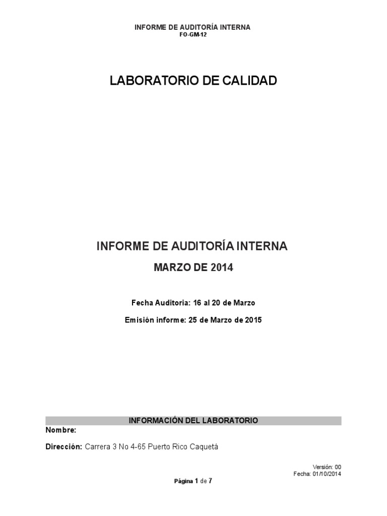 Auditoría interna laboratorio calidad ISO 17025 | PDF | Laboratorios | Calidad (comercial)