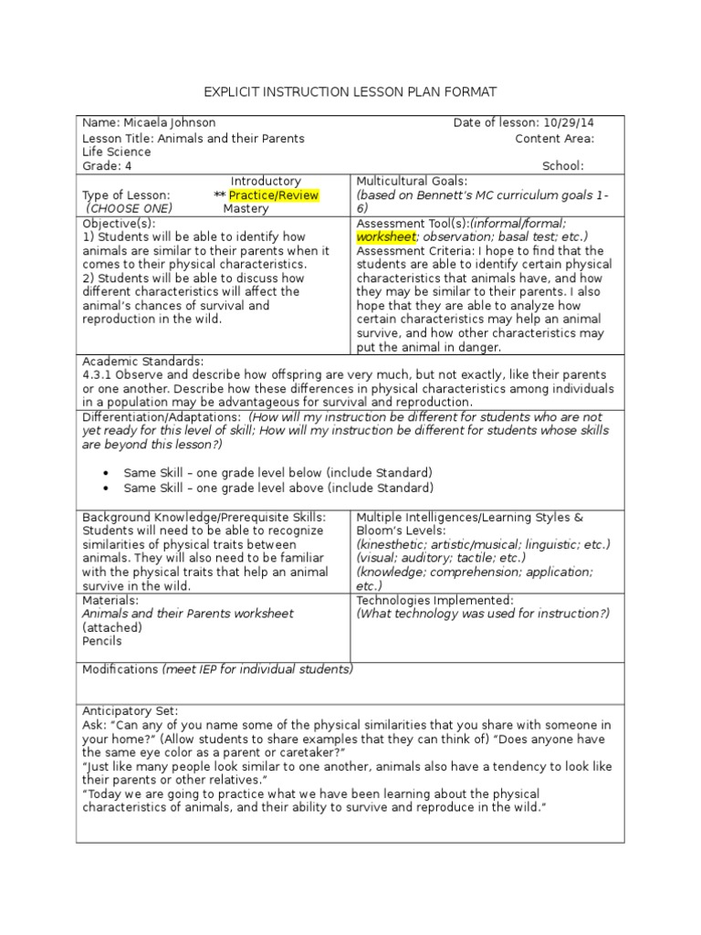 Animals and Their Parents Lesson Plan | PDF | Educational Assessment ...