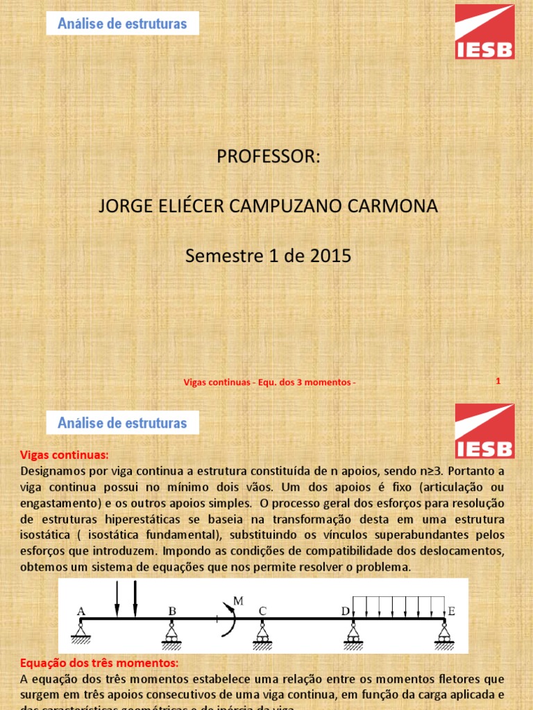 1 - Vigas Continuas (Equação Dos Tres Momentos) PDF | PDF | Equações | Viga