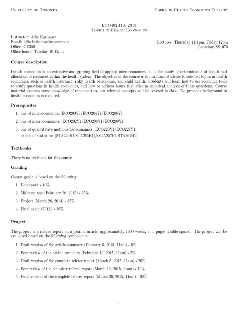 UofT Health Economics Course Covers Insurance, Behaviors | PDF ...