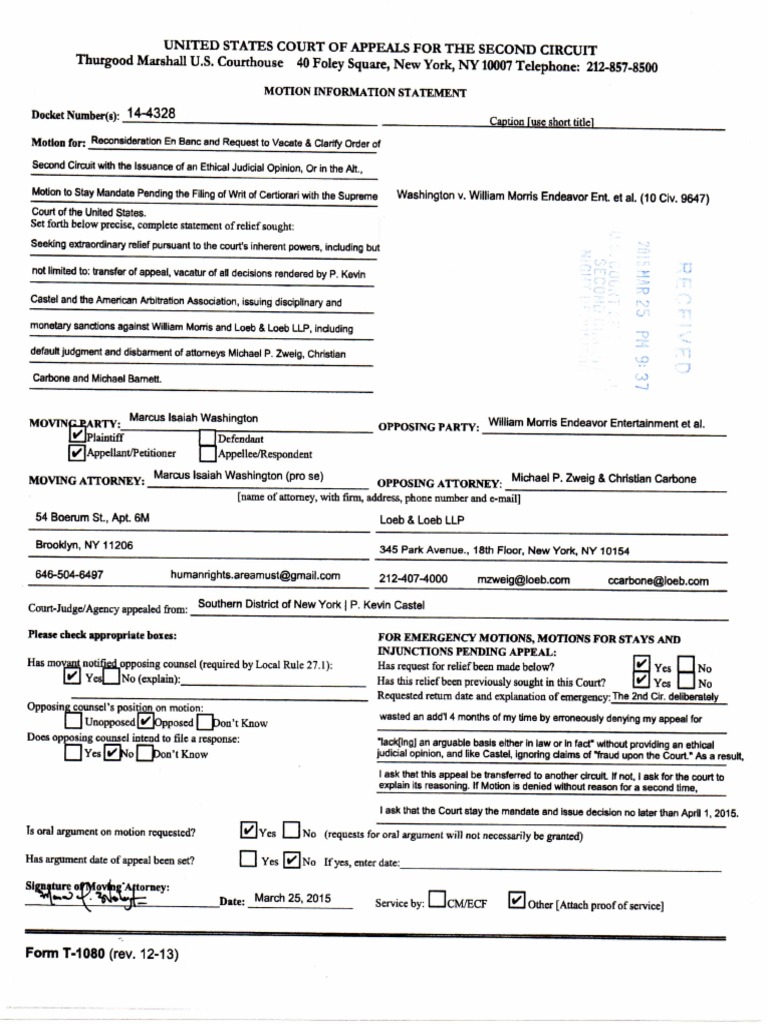 Washington v. William Morris Endeavor Entertainment, LLC et al. (14-4328) -- Emergency Motion ...