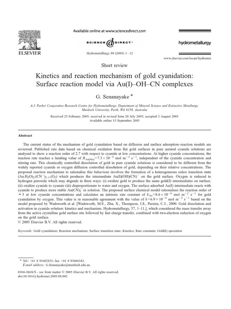 Kinetics and Reaction Mechanism of Gold Cyanidation | PDF | Cyanide ...