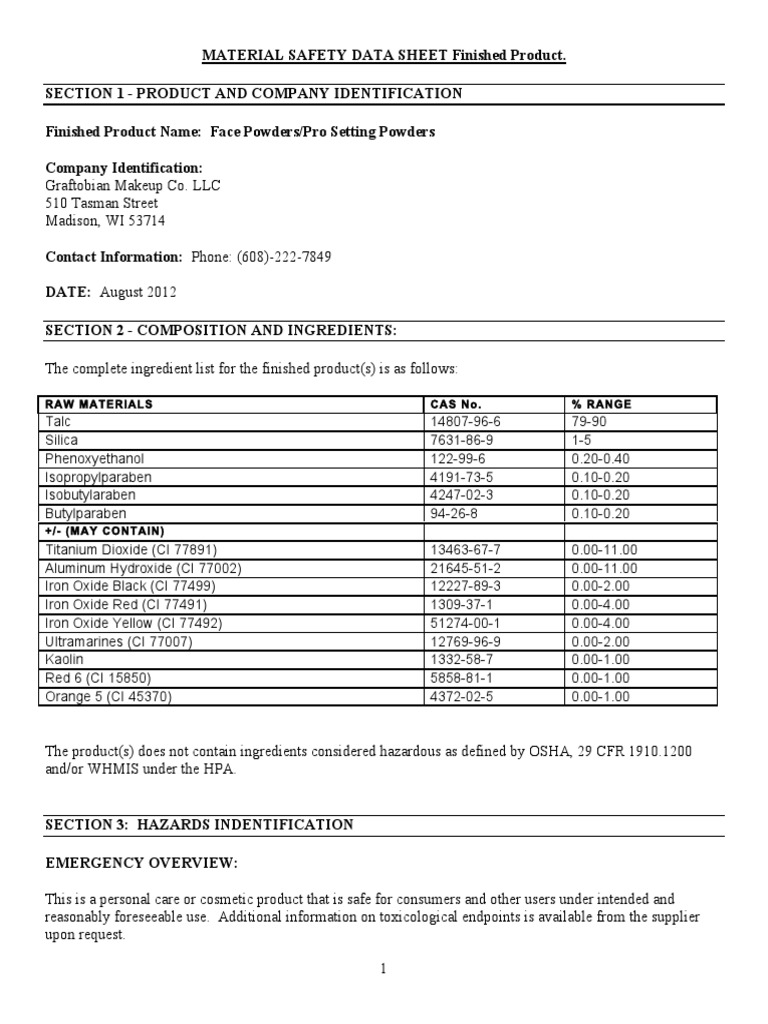 Graftobian Translucent Powder Msds | Chemical Substances | Chemistry