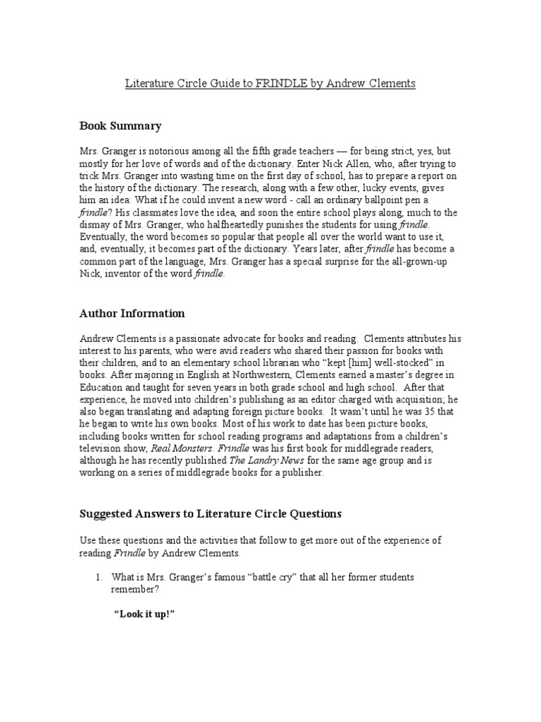 Frindle Literature Circle Questions | PDF | Teachers