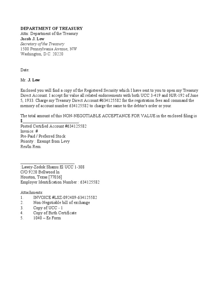 U.S Department of Treasury b:c Letter | Uniform Commercial Code ...