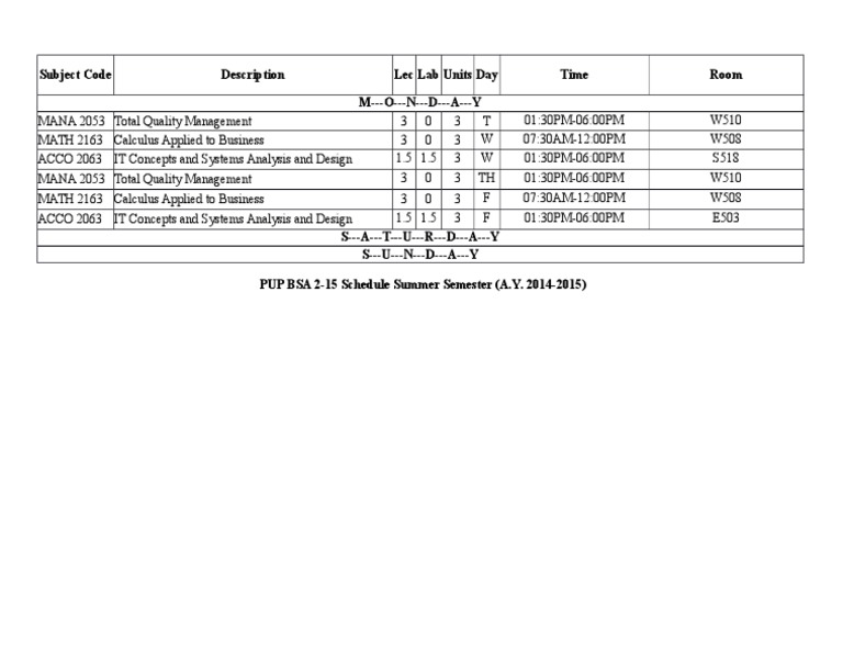PUP BSA 2-15 Summer Schedule 2014 | PDF