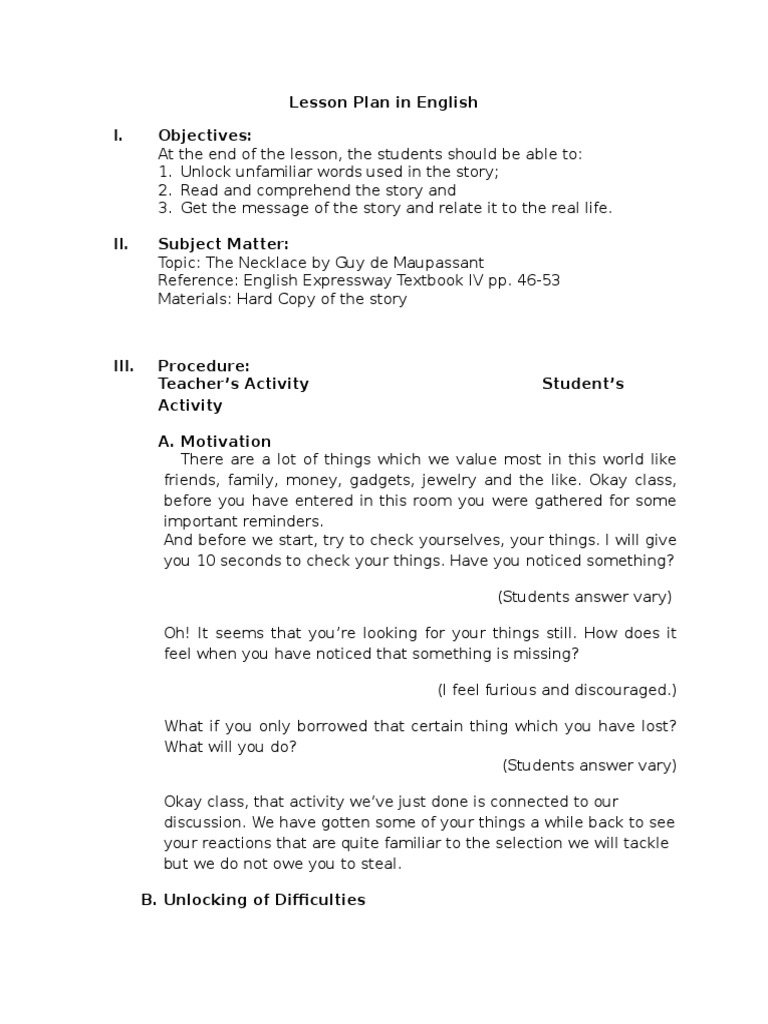 Lesson Plan in English | PDF | Lesson Plan | Further Education