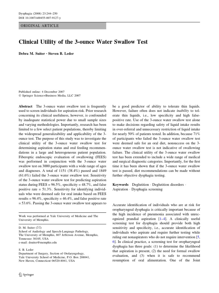 Clinical Utility of The 3-Ounce Water Swallow Test | PDF | Sensitivity ...