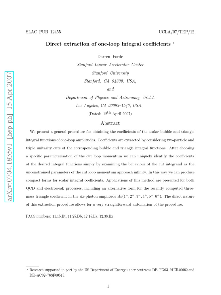 Direct Extraction of One-Loop Integral Coefficients: SLAC-PUB-12455 UCLA/07/TEP/12 | PDF ...