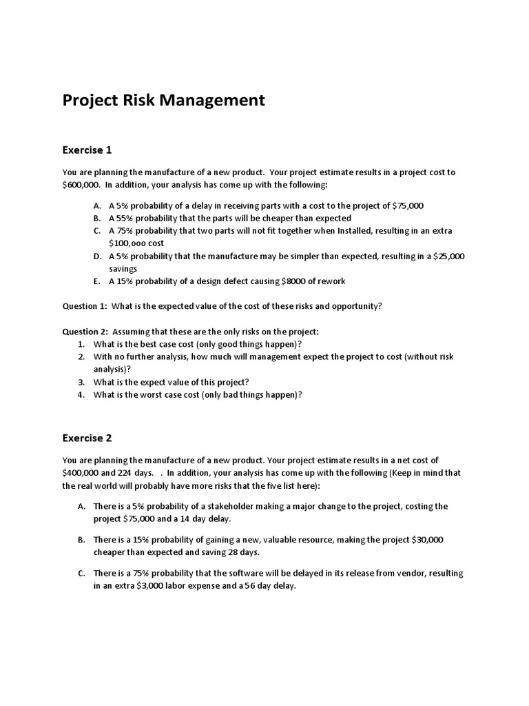 Project Risk Management: Exercise 1 | PDF