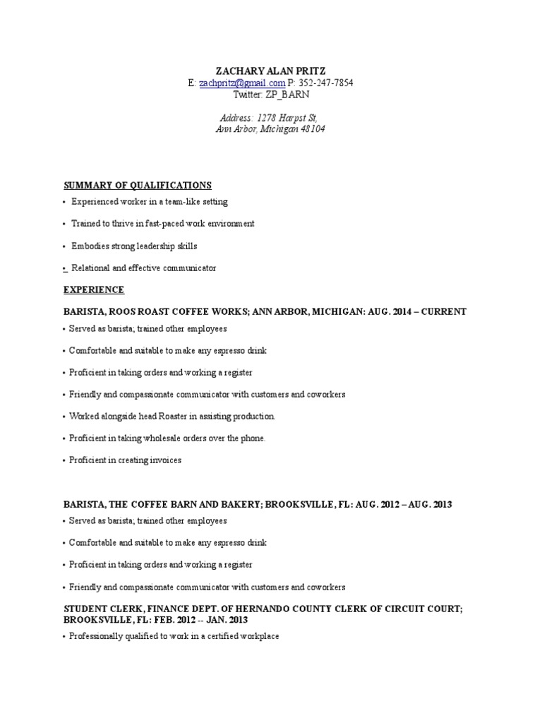 Zachary Alan Pritz - Resume-Updated | PDF | Coffee | Business