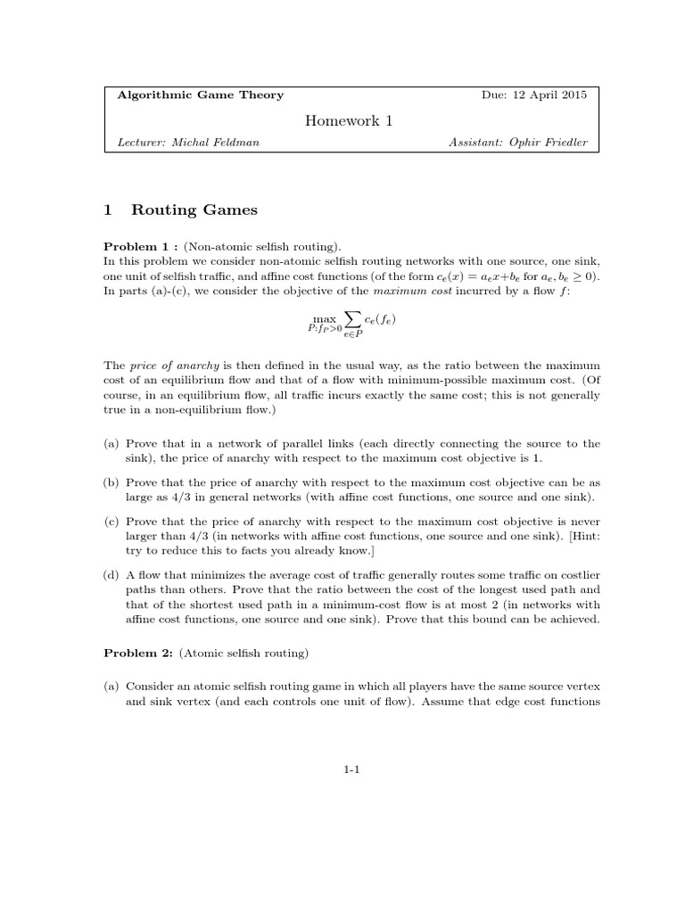 Algorithmic Game Theory - Problem Set 1 | PDF | Routing | Sequence