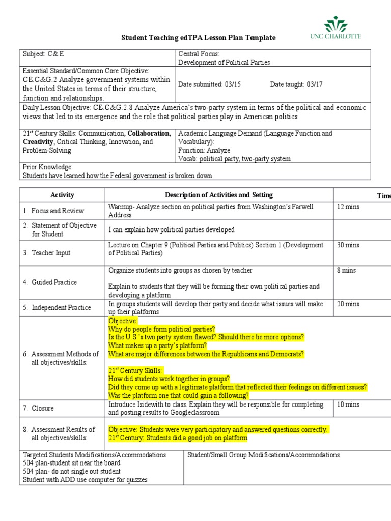 Student Teaching Edtpa Lesson Plan Template: Creativity, Critical ...